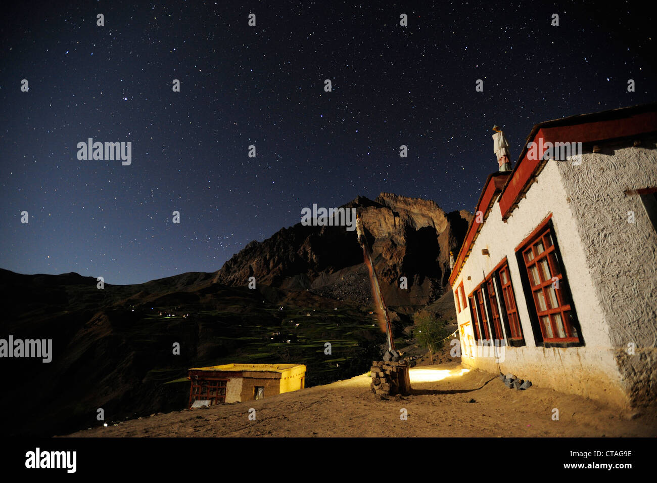 Nunnery with starry sky, monastery of Lingshed, Lingshed, Zanskar Range ...