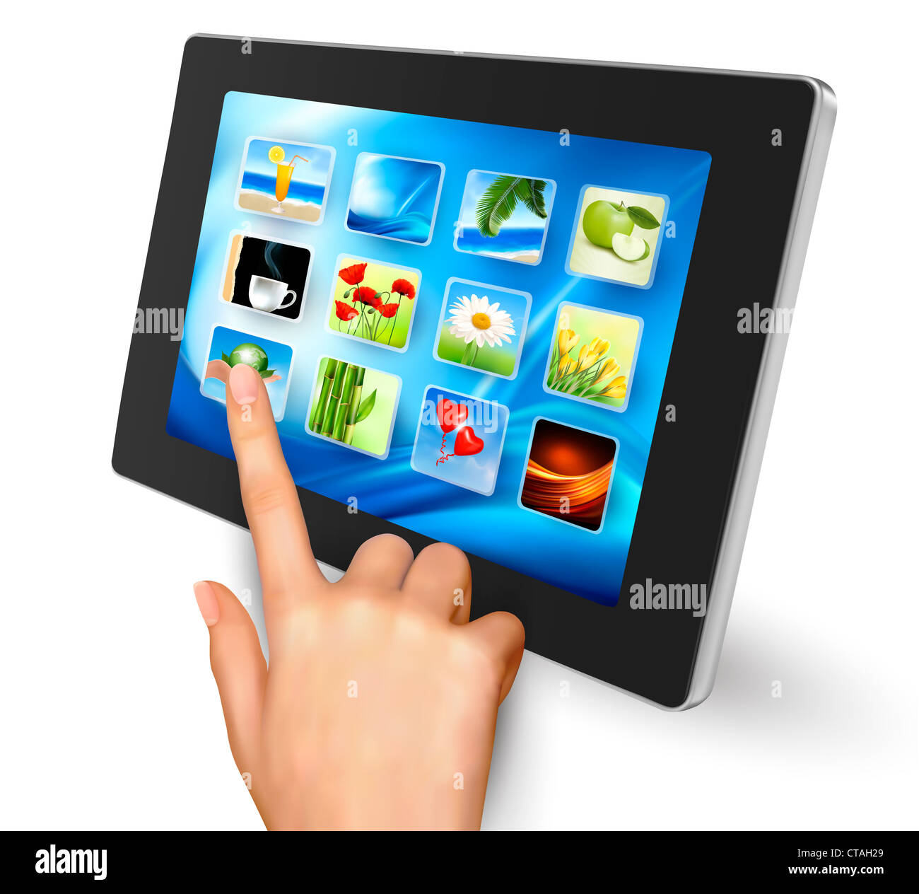 Hand touching tablet pc with icons Stock Photo - Alamy