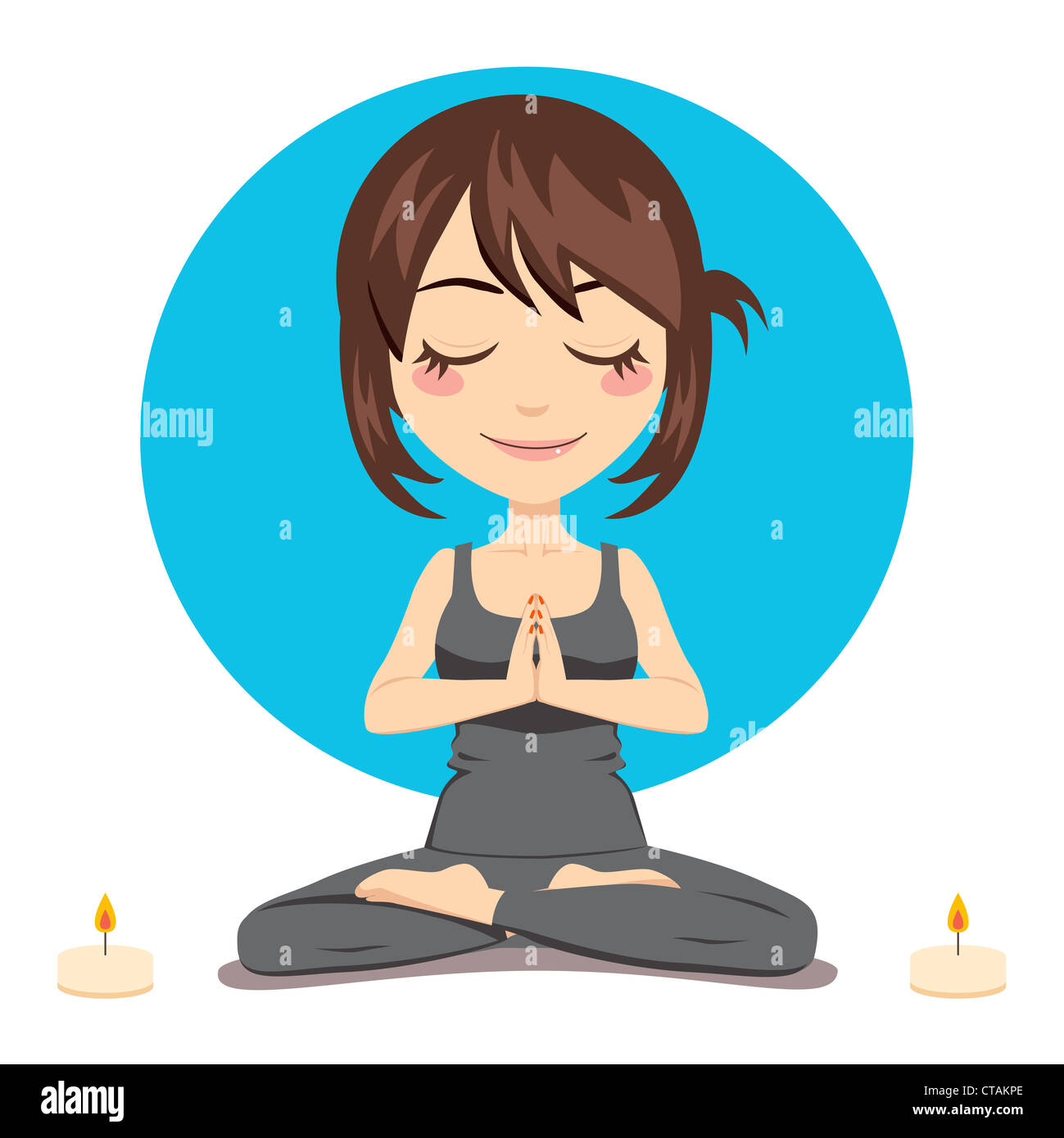 Cute brunette woman doing yoga lotus position with two candles on side ...