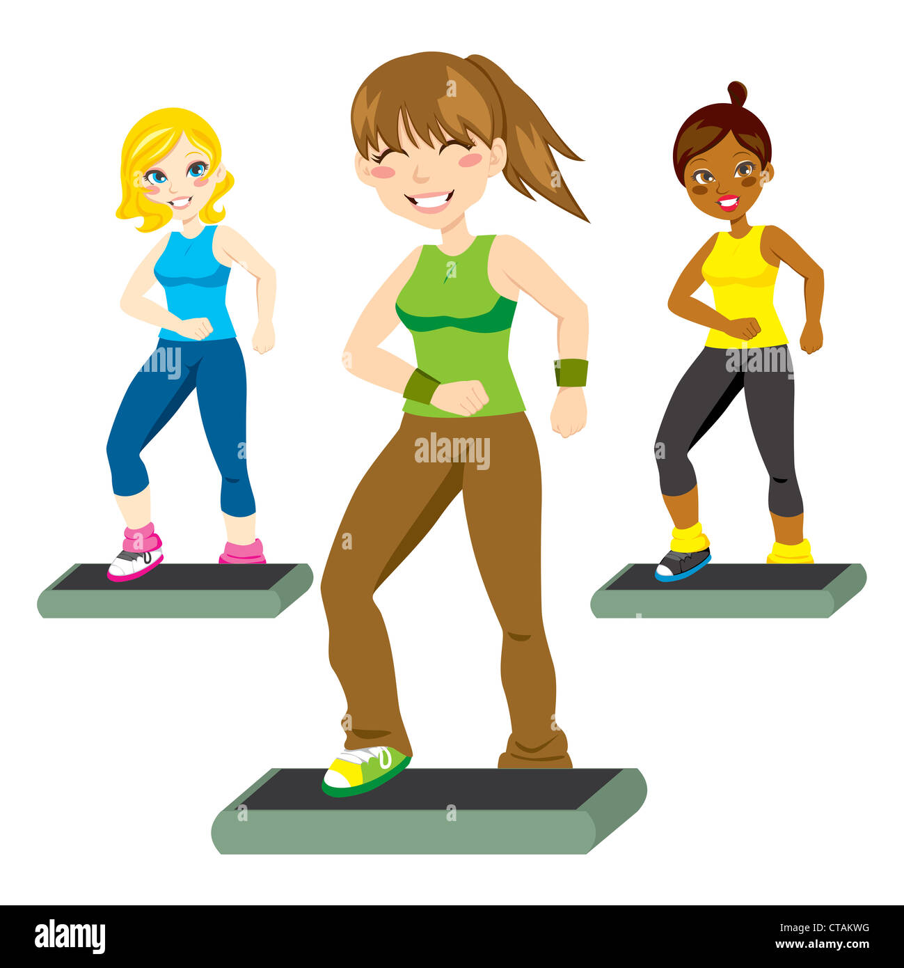 Three attractive women happily exercising aerobic steps Stock Photo - Alamy