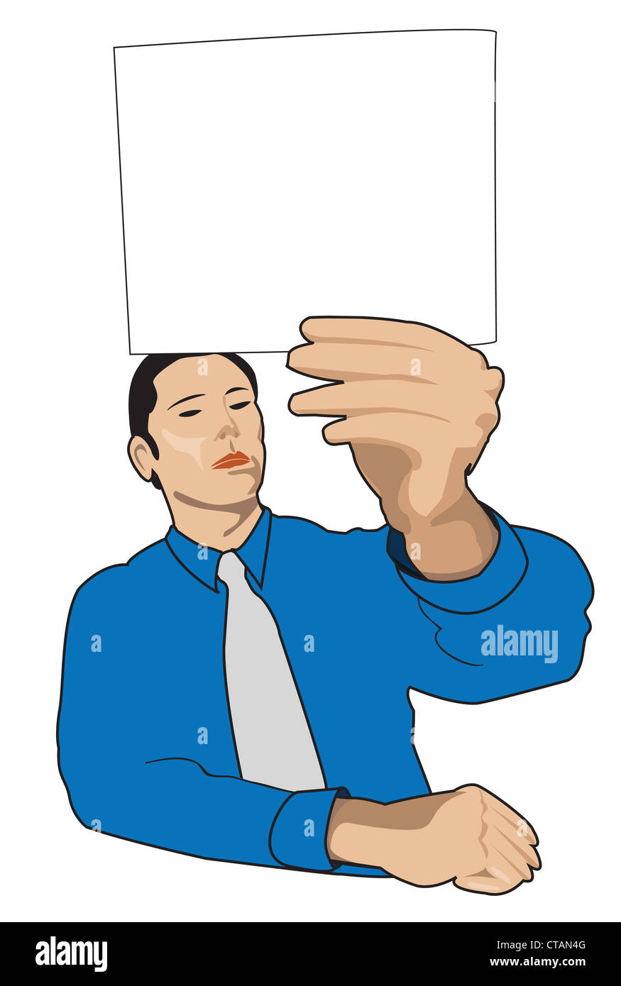 illustration of business man with no expression, holding a card or ...