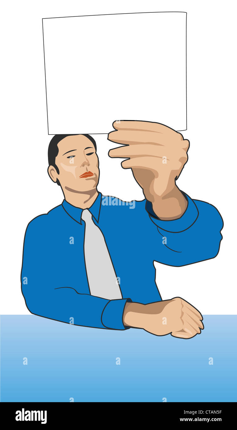 illustration of business man with no expression, holding a card or ...