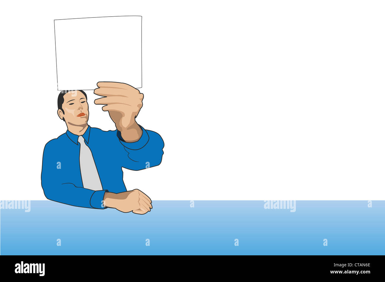 illustration of business man with no expression, holding a card or ...
