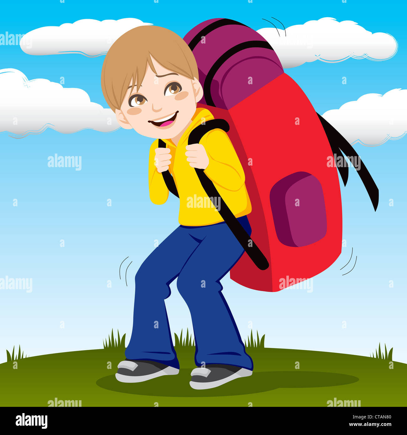 Little kid walking outdoors carrying a huge and heavy red backpack ...