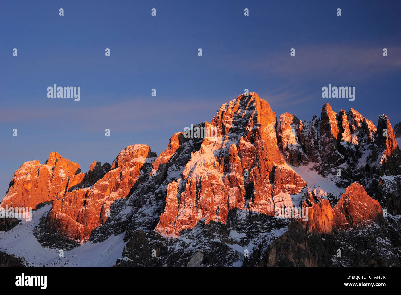 Rock crags of Pala range in the evening sun, Pala range, Dolomites ...