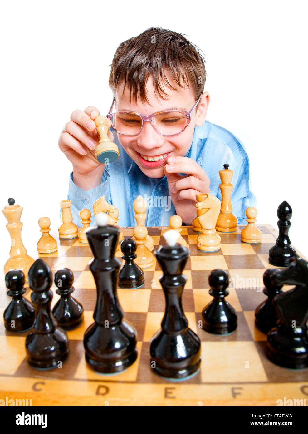 Nerd play chess on a white background Stock Photo - Alamy