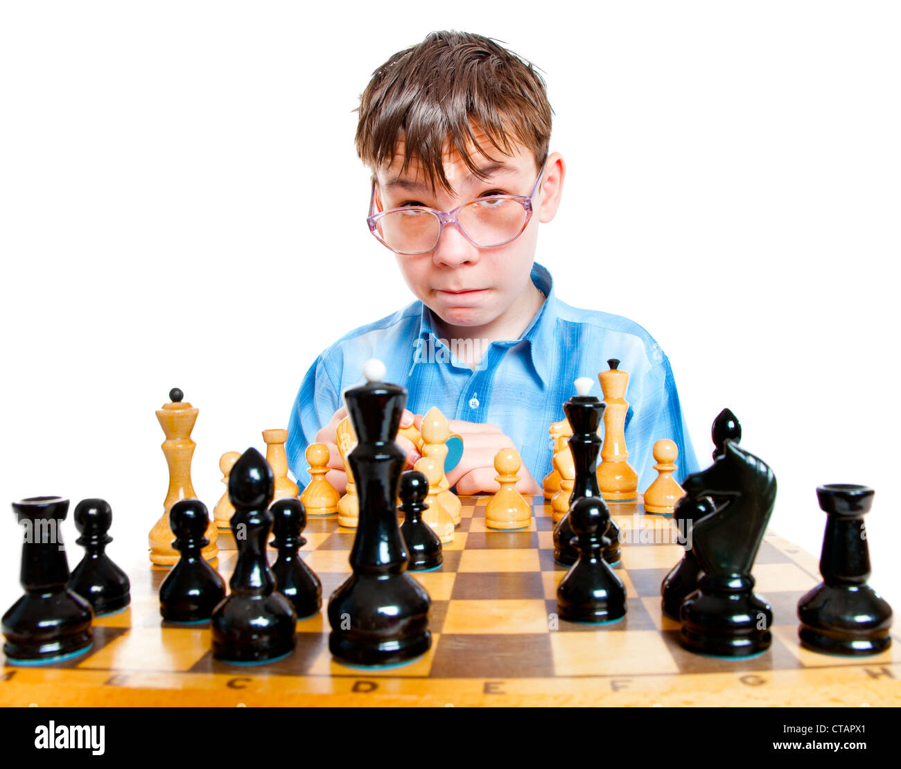 Nerd play chess on a white background Stock Photo - Alamy