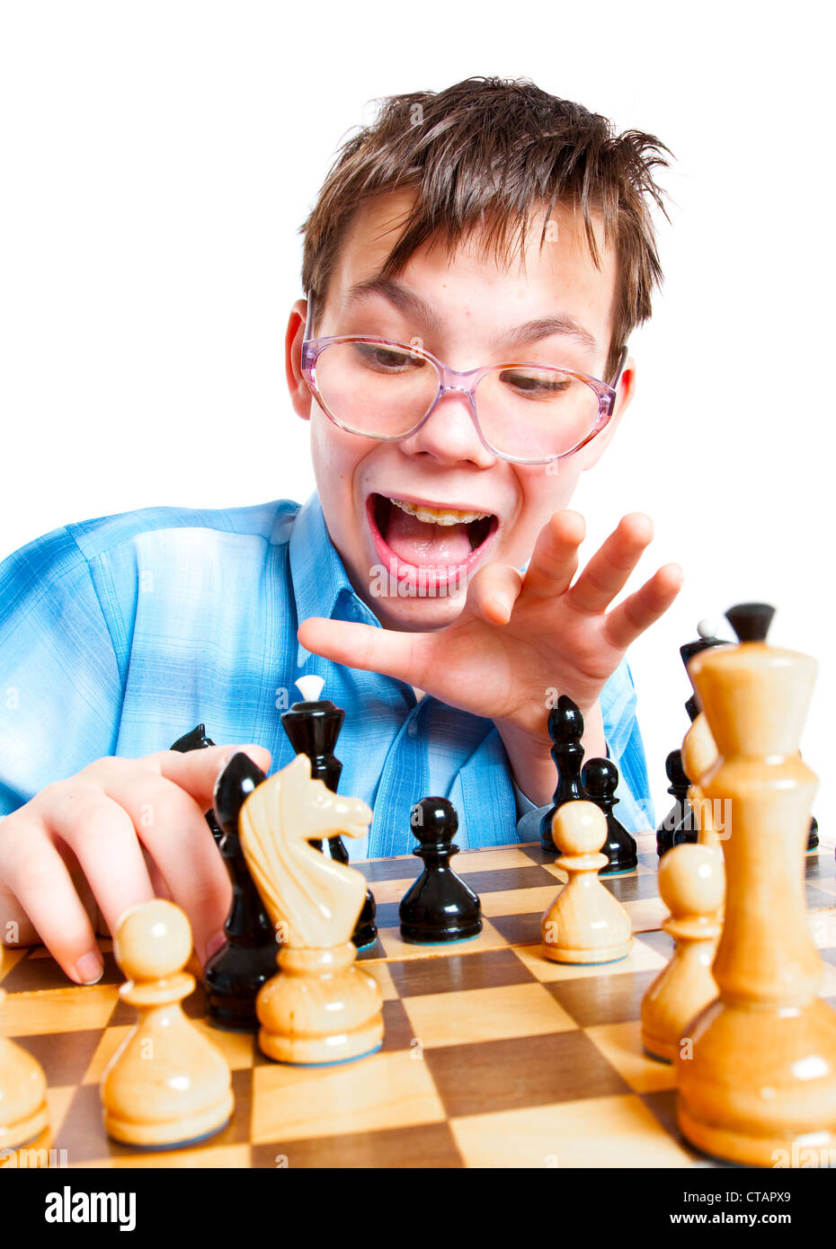 Nerd play chess on a white background Stock Photo - Alamy