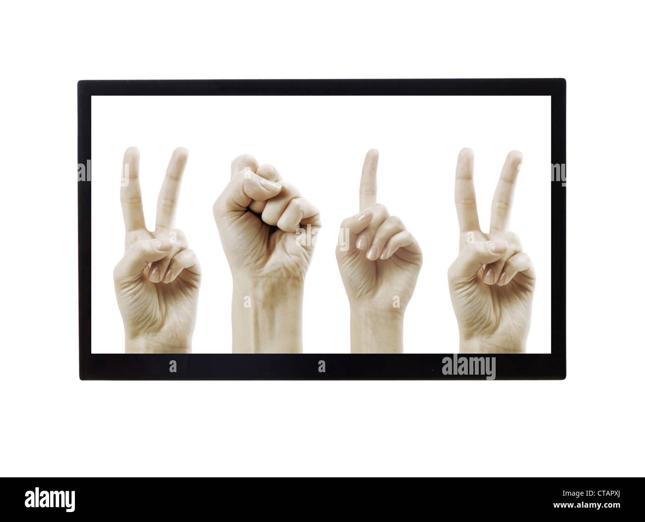 Hands 2012 in monitor isolated on white Stock Photo - Alamy