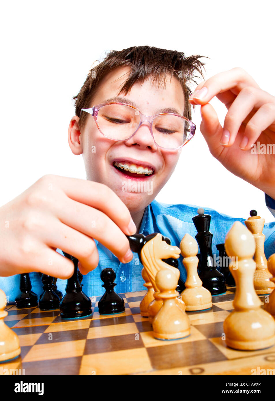 Nerd play chess on a white background Stock Photo - Alamy
