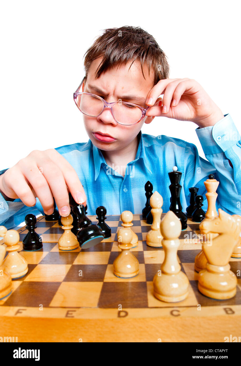 Nerd play chess on a white background Stock Photo - Alamy