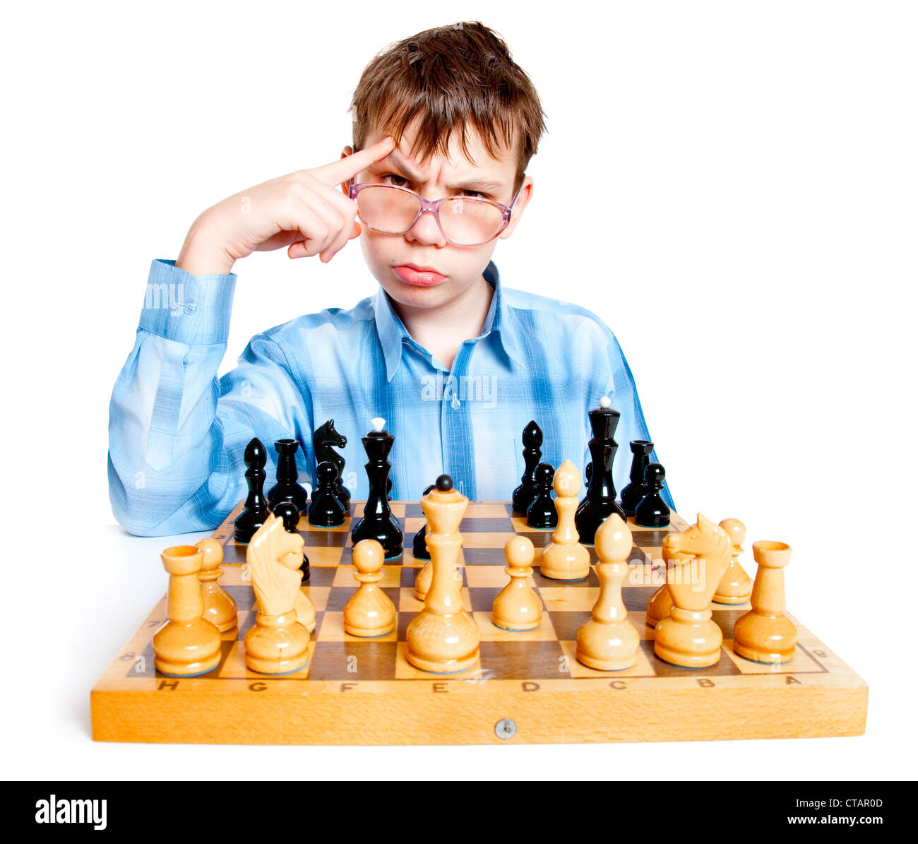 Nerd play chess on a white background Stock Photo - Alamy