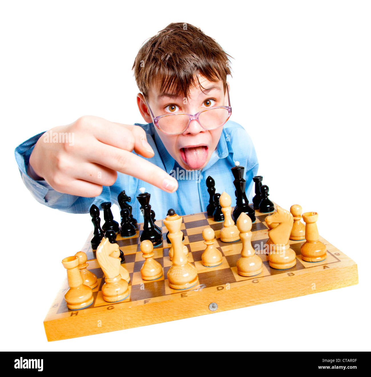 Nerd play chess on a white background Stock Photo - Alamy