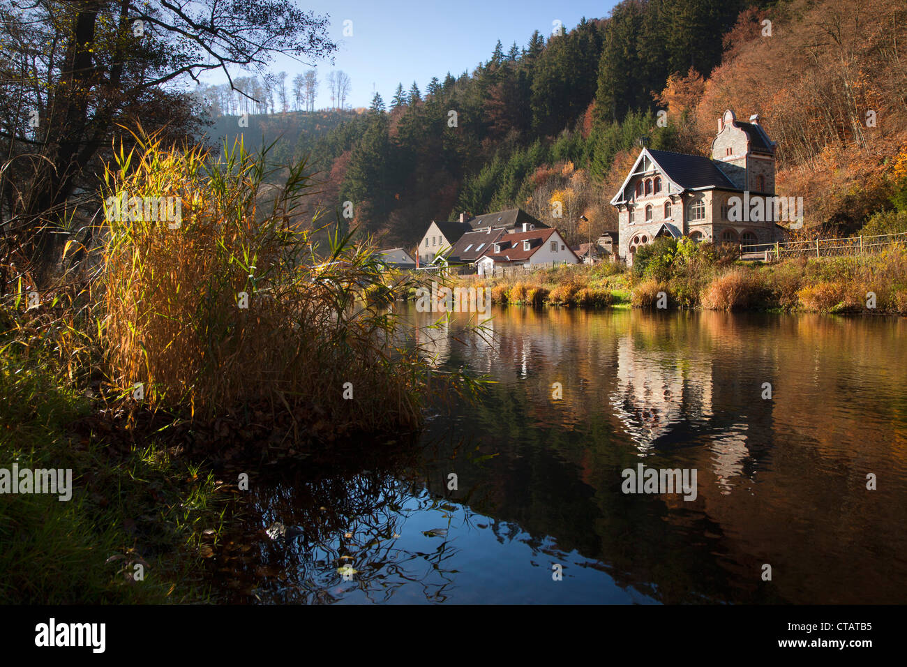 Houses on the banks of Bode river in the sunlight, Treseburg, Bode ...