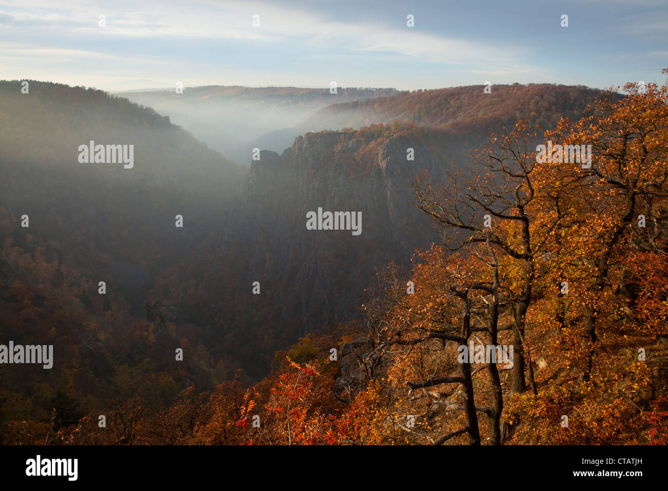 View from Hexentanzplatz over the Bode valley to Rosstrappe rock, near ...
