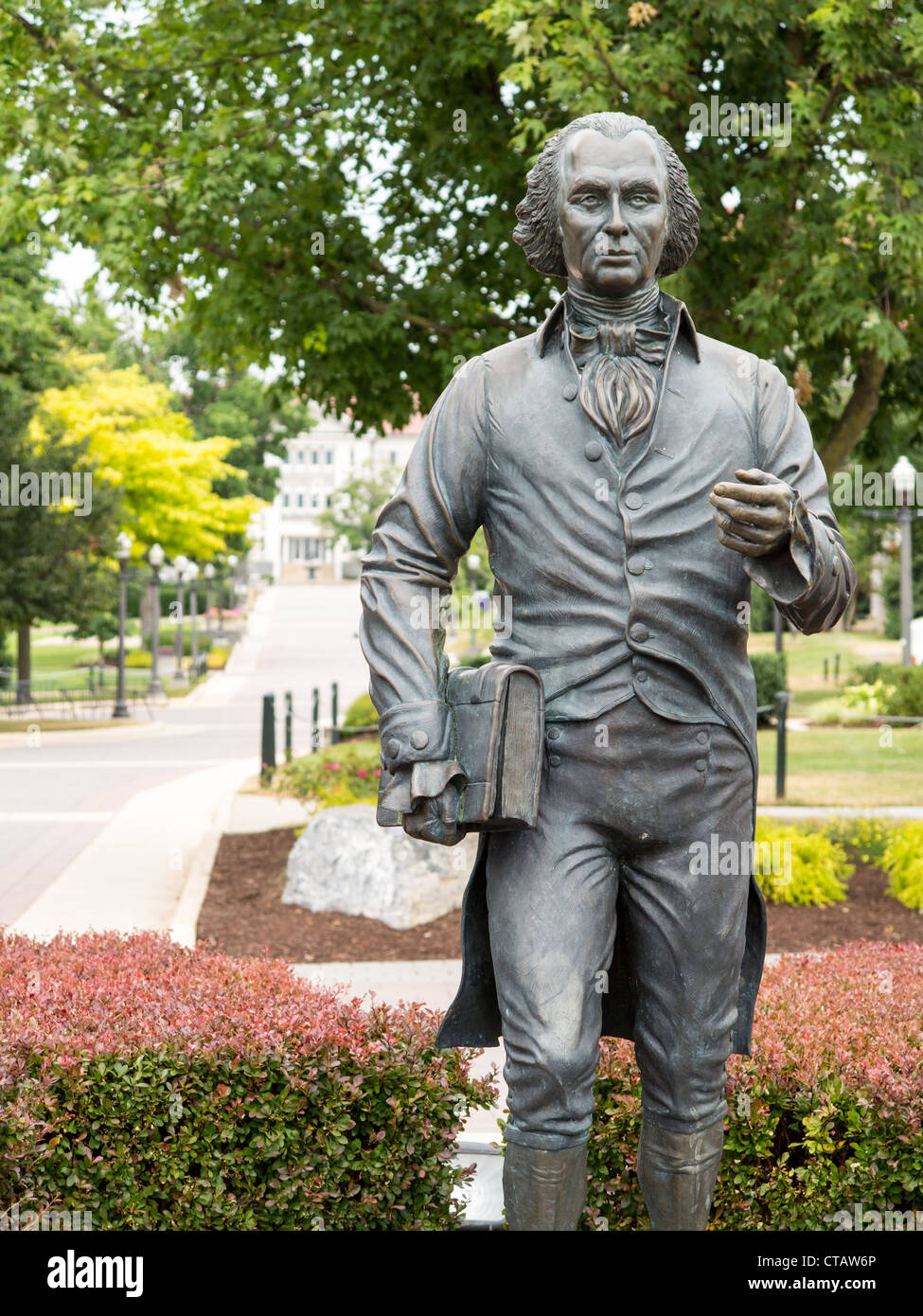 Statue of James Madison on the main quad road at JMU University in ...