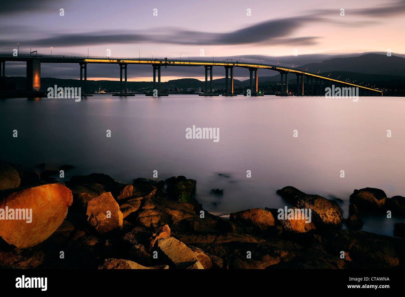 Derwent River and Tasman Bridge night, Mt Wellington, Hobart, Tasmania ...