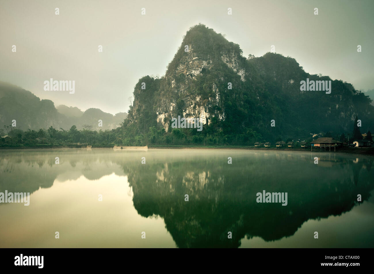 Caves of the Pathet Lao, fog, clouds and lake, history communism, Vieng ...