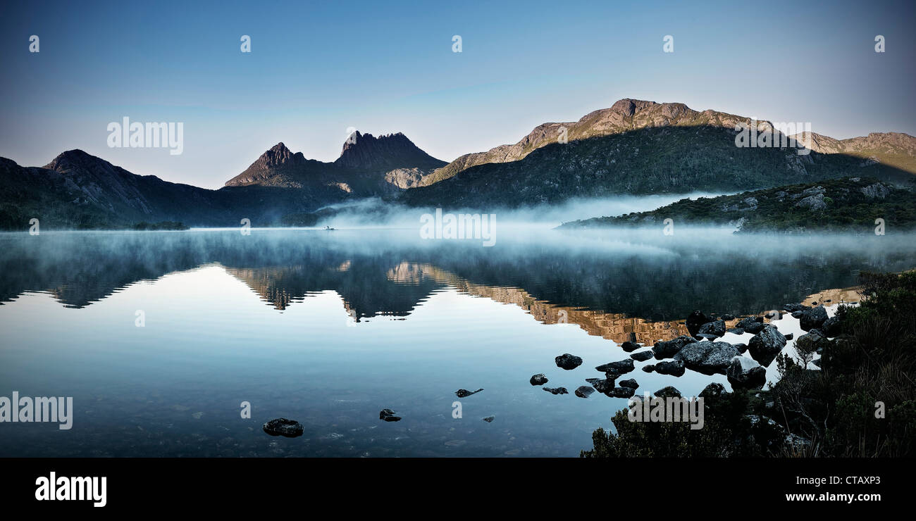 Cradle Mountain and Dove Lake fog, peak, Cradle Mountain Lake St Clair National Park, Tasmania ...
