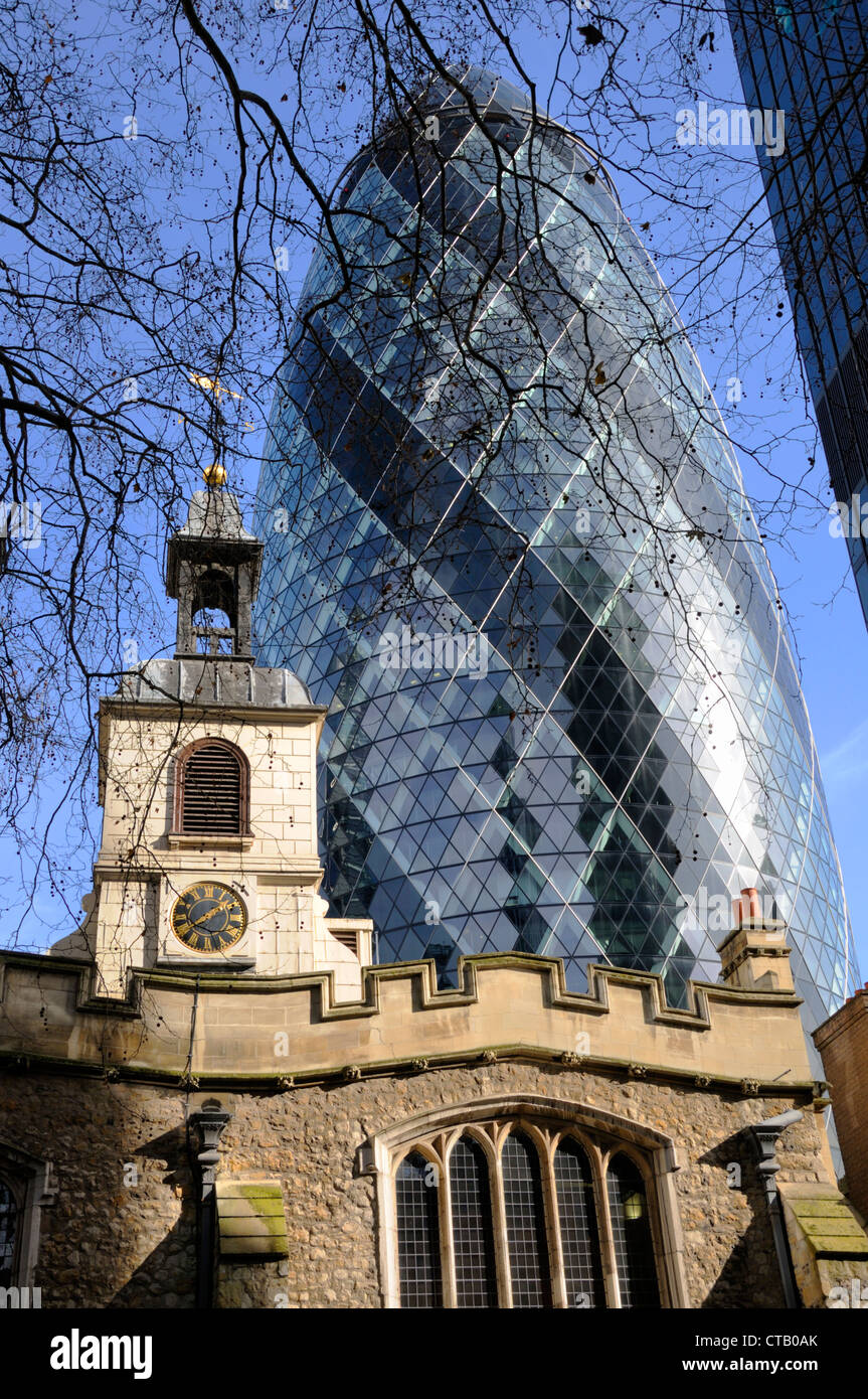 London, England, UK. St Helen's Church, Bishopsgate. 'The Gherkin' (30 ...