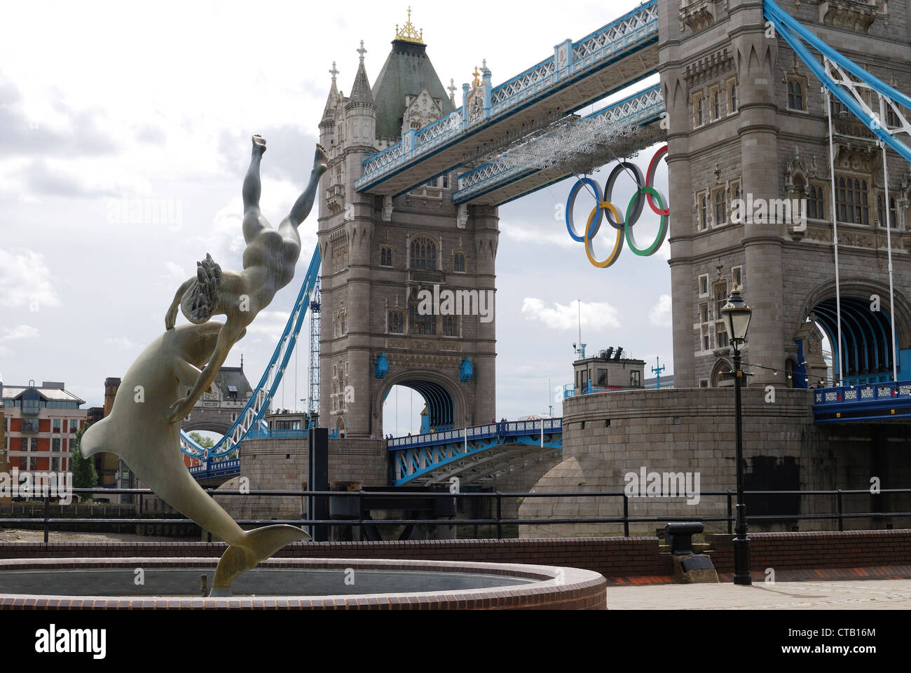 Tower Bridge with Olympic Rings hanging from superstructure. London ...