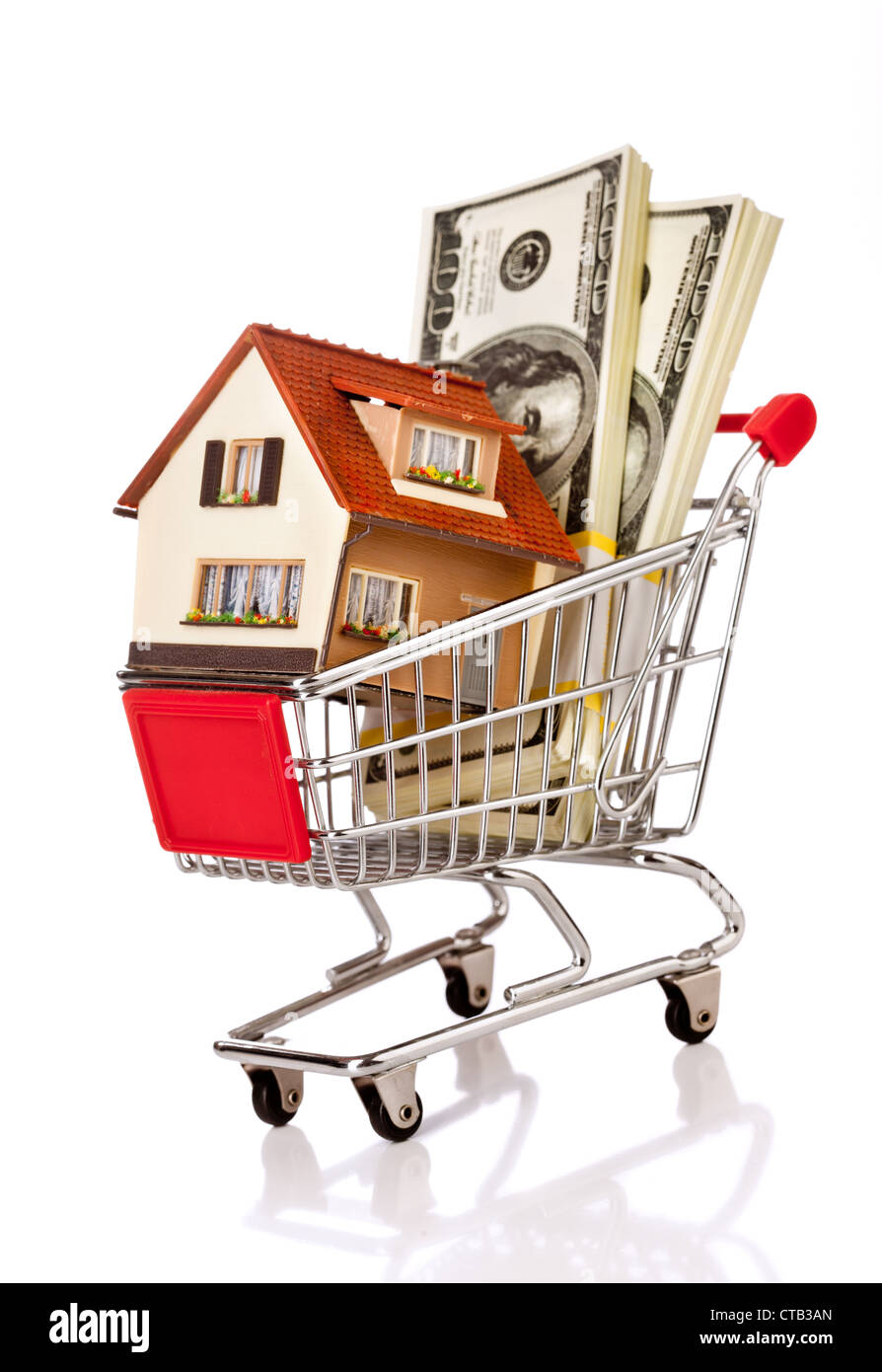 shopping cart and house on a white background Stock Photo - Alamy
