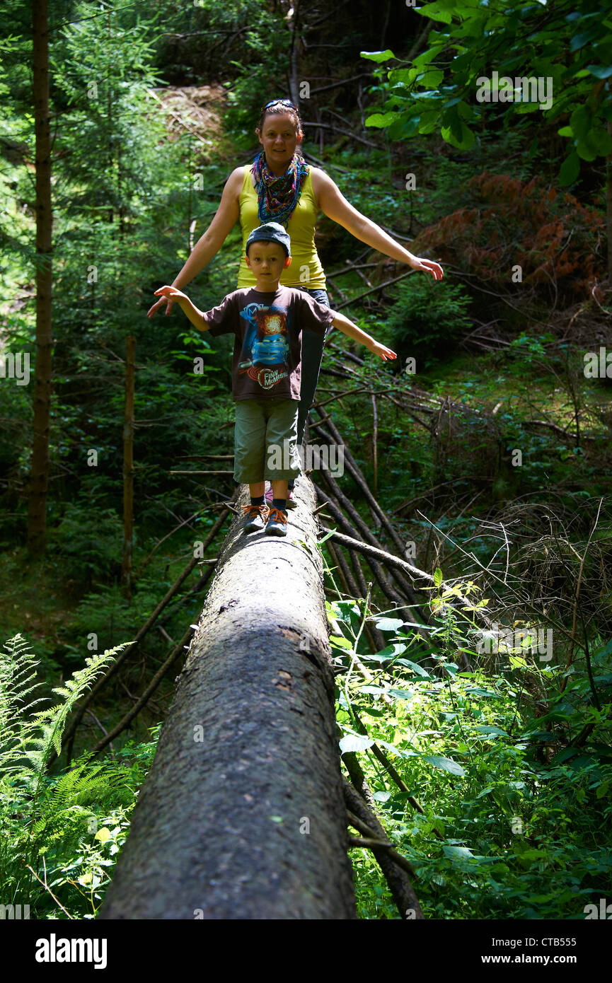 Child boy balancing tree trunk with mother in fores summer Stock Photo ...