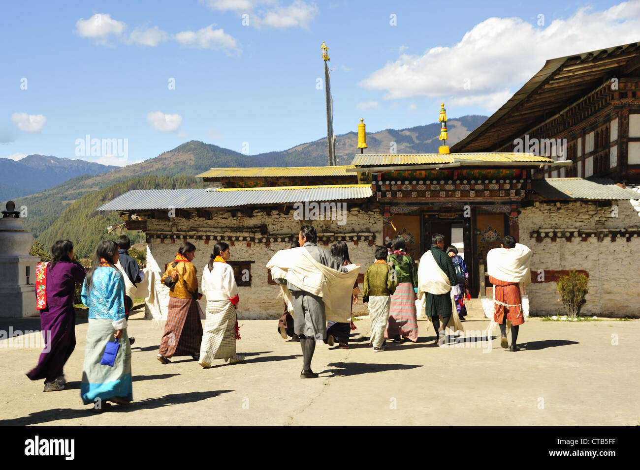 Worshipers arriving at Tamshing Lhakhang Temple, Jakar, Bumthang ...