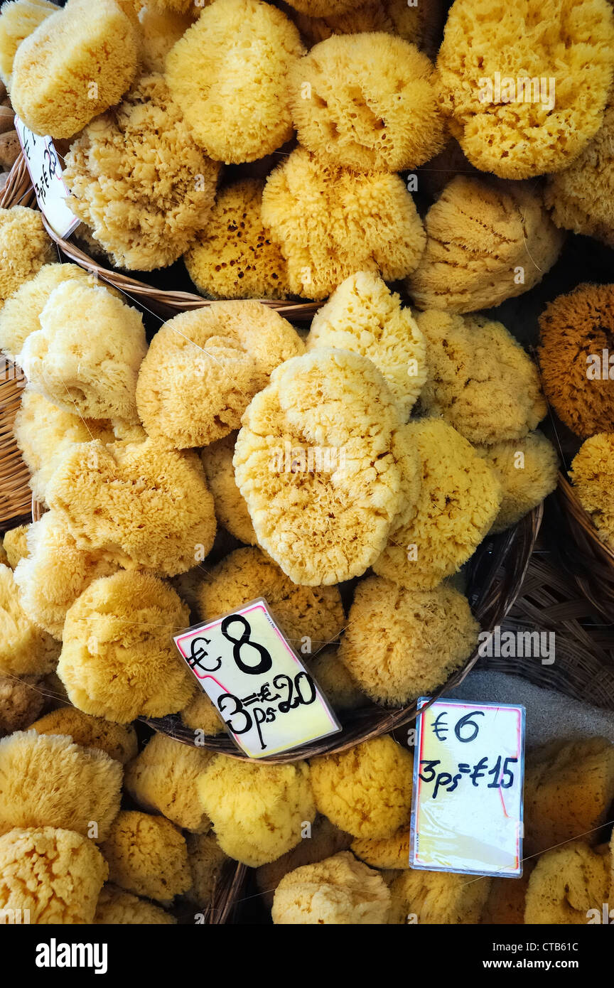 baskets with natural marine sponges exposed in a street market Stock ...