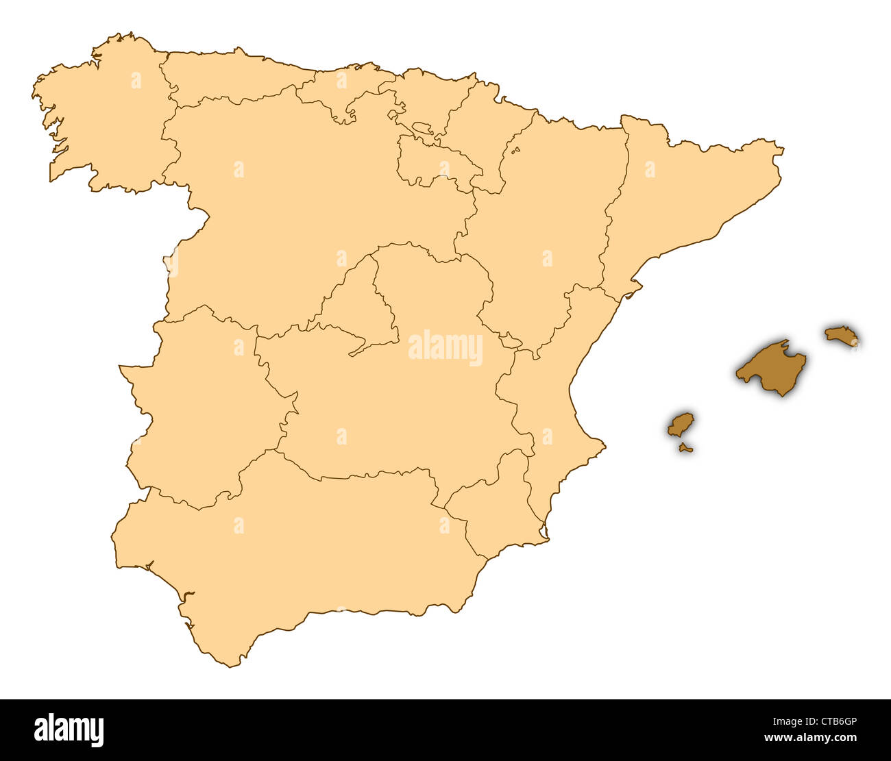Map of Spain where Balearic Islands is highlighted Stock Photo - Alamy