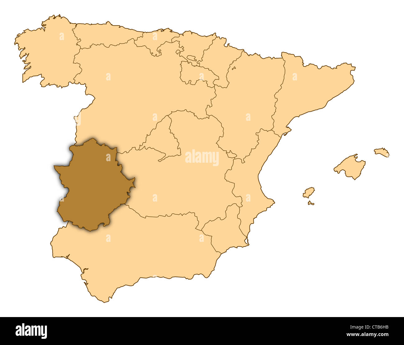 Map of Spain where Extremadura is highlighted Stock Photo - Alamy
