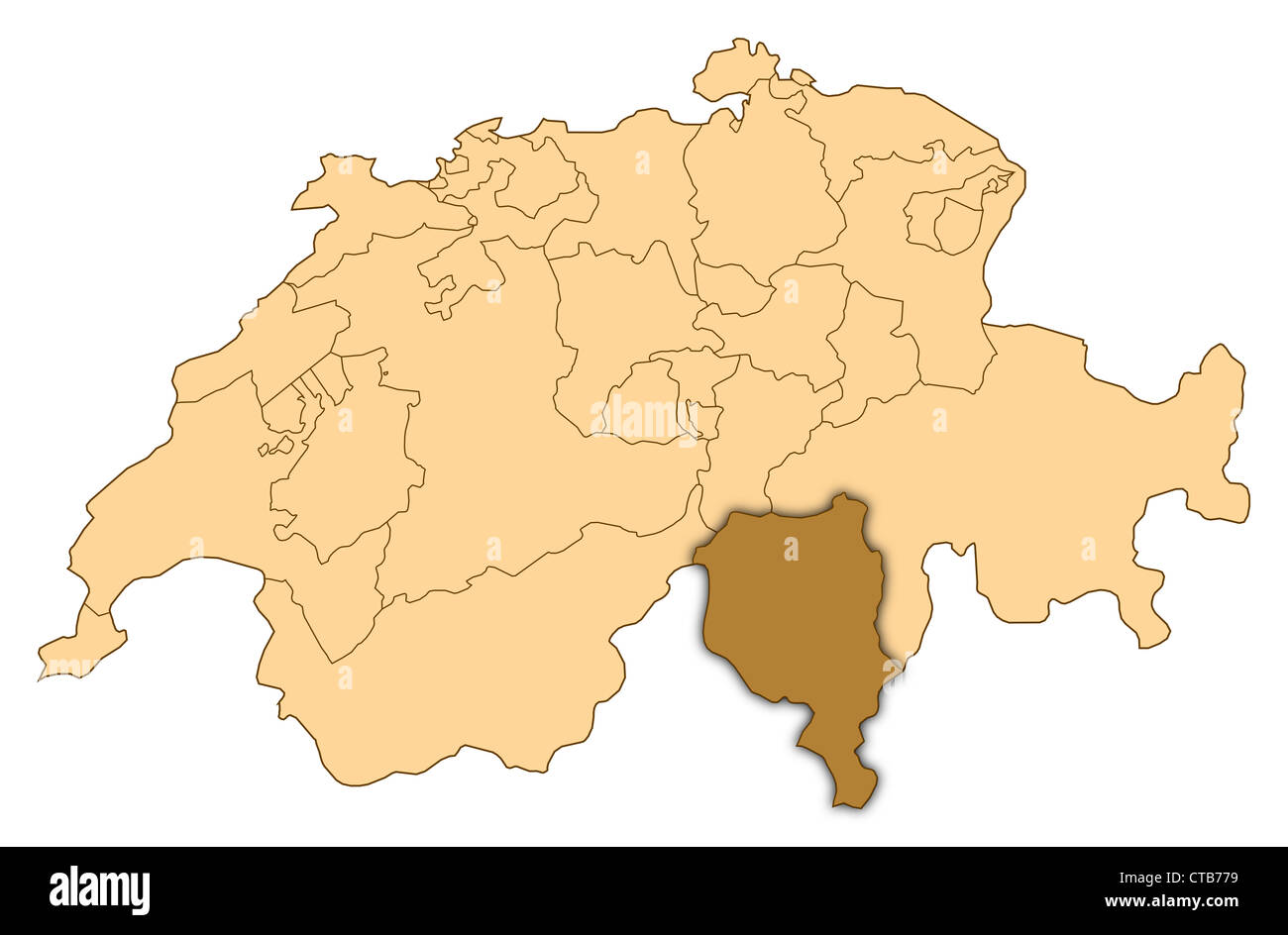 Map of Switzerland where Ticino is highlighted Stock Photo - Alamy
