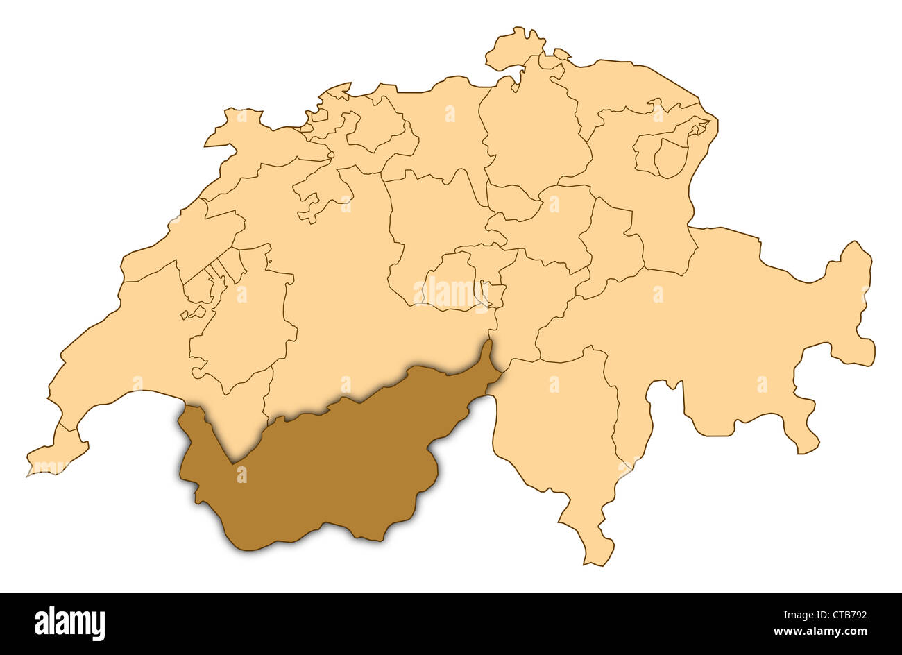 Map of Switzerland where Valais is highlighted Stock Photo - Alamy