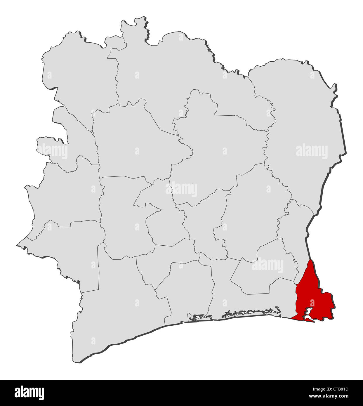 Political map of Ivory Coast with the several regions where Sud-Comoé ...