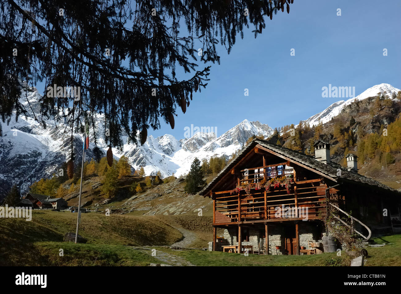 Tipical 'Walser' house of an ancient mountain village; west Alps, Italy ...