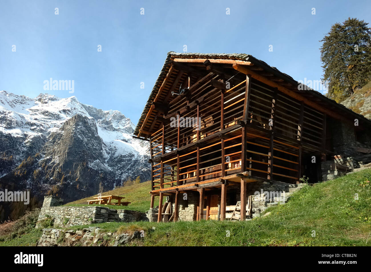 Tipical 'Walser' house of an ancient mountain village; west Alps, Italy ...