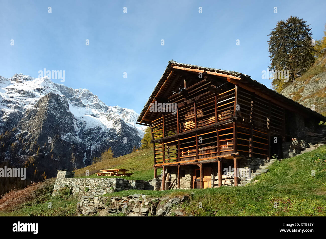 Tipical 'Walser' house of an ancient mountain village; west Alps, Italy ...