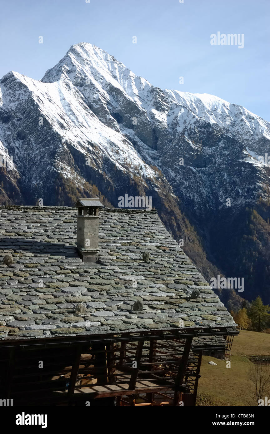 Tipical 'Walser' house of an ancient mountain village; west Alps, Italy ...