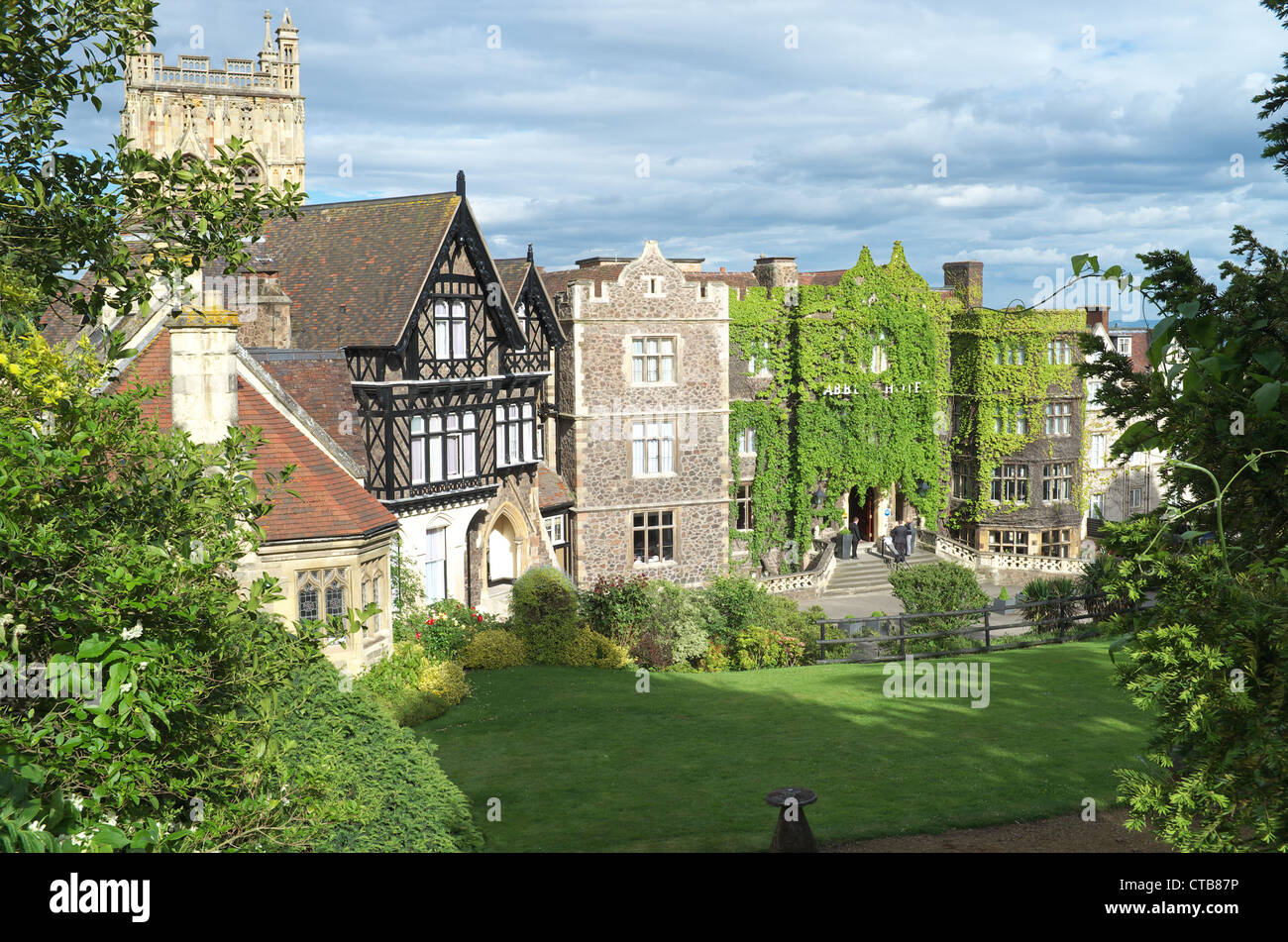 Great Malvern Priory Church tower behind the Abbey Hotel, Malvern ...
