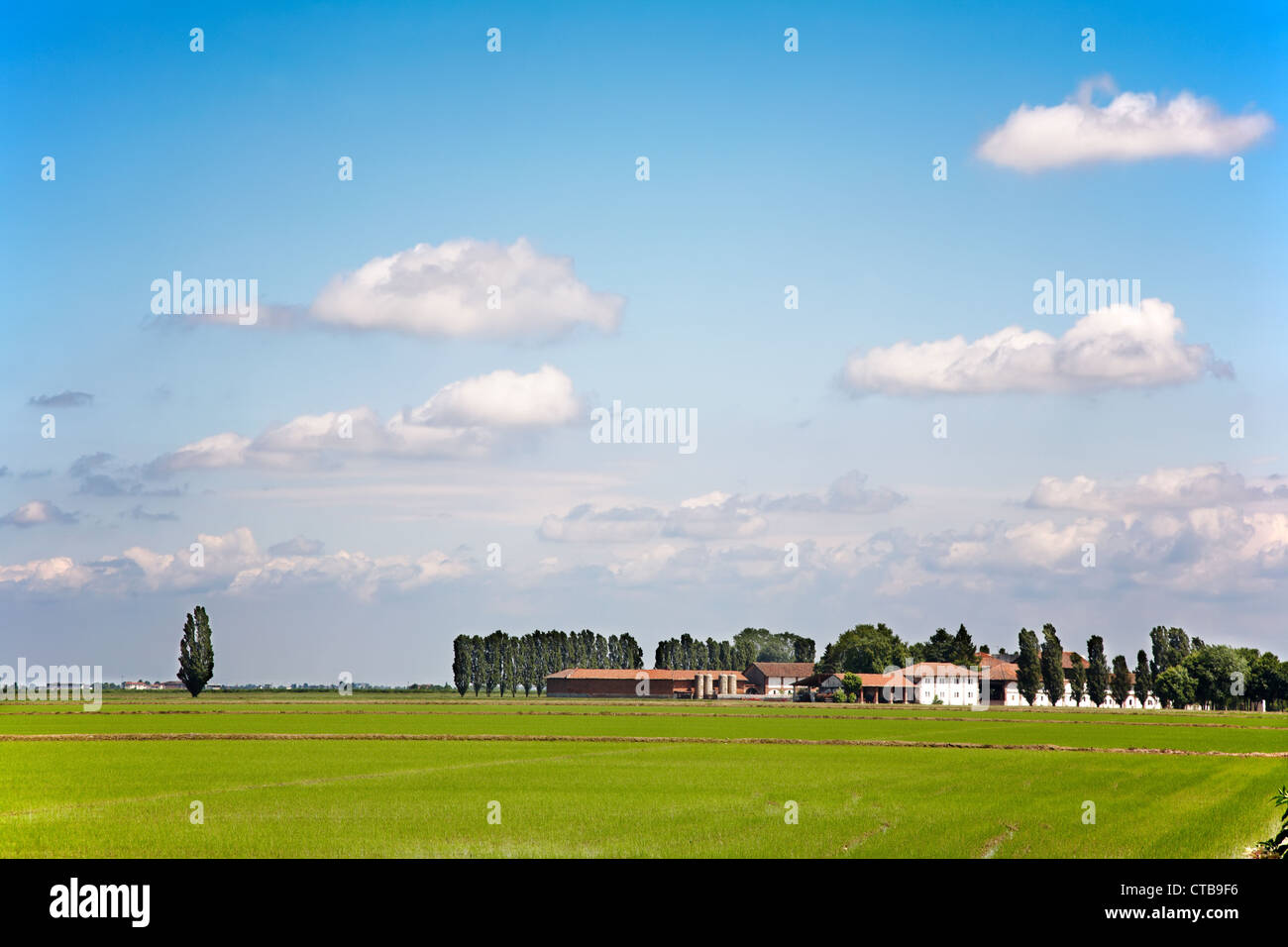 Rural landscape: green meadows, european farm, blue sky with small ...