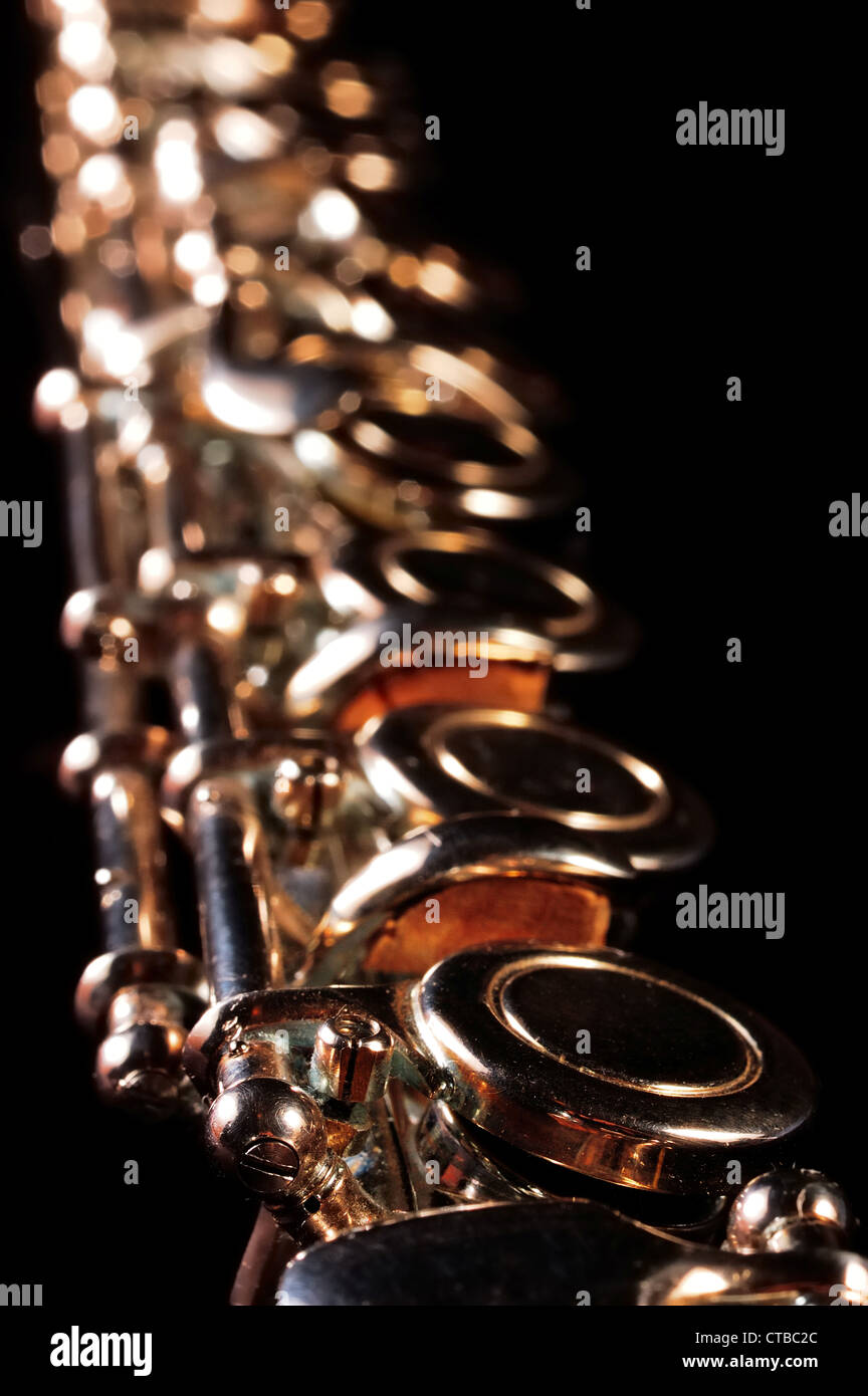 Detail of a Western concert flute, black background Stock Photo - Alamy