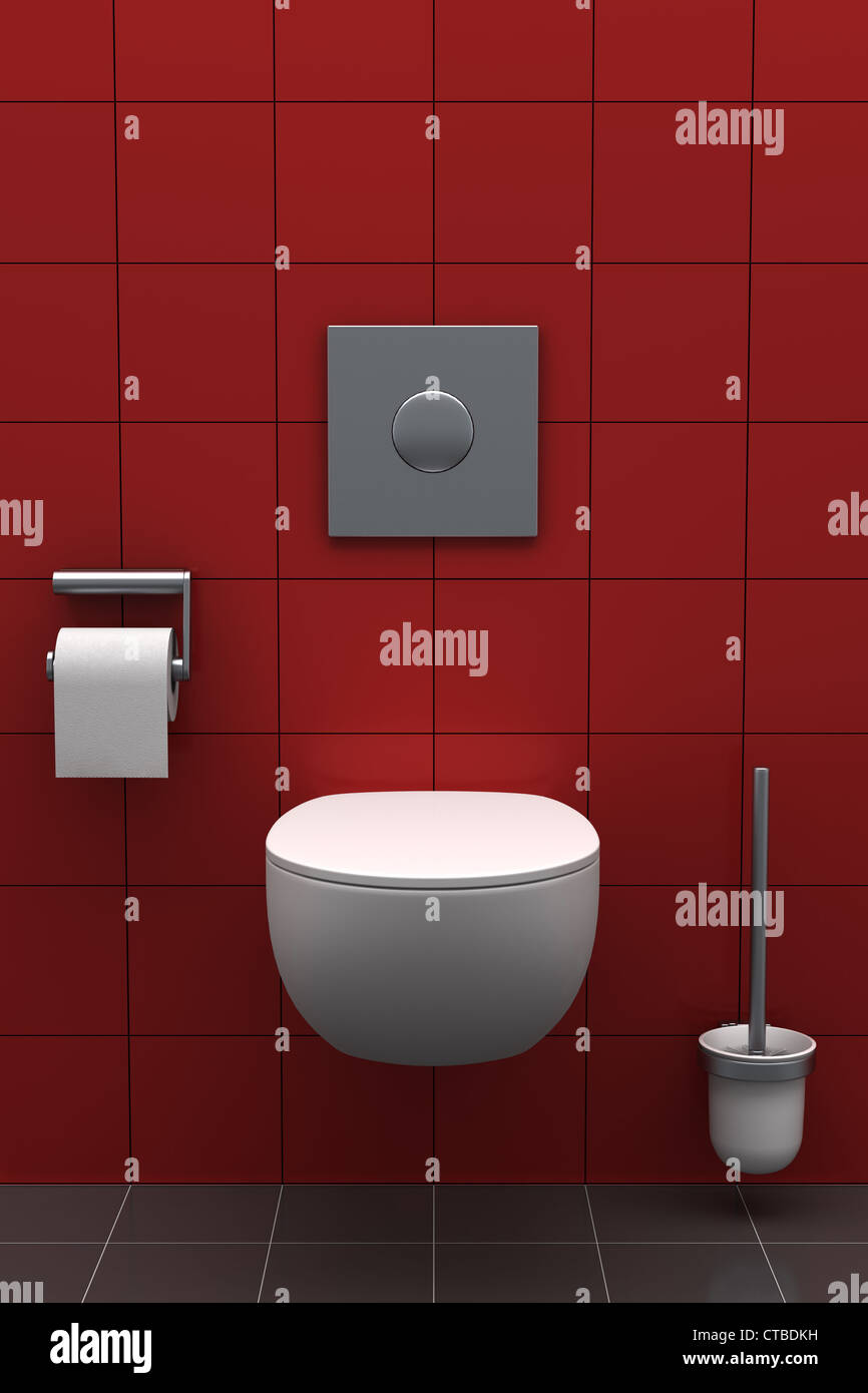 modern toilet with red tiles on wall Stock Photo - Alamy