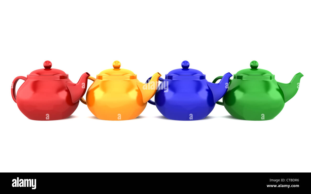 four color teapots isolated on white background Stock Photo - Alamy