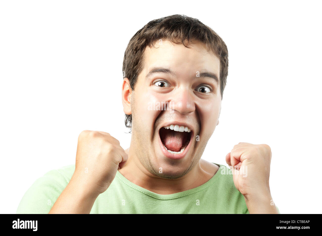 portrait of excited young man shouting from victory isolated on white ...