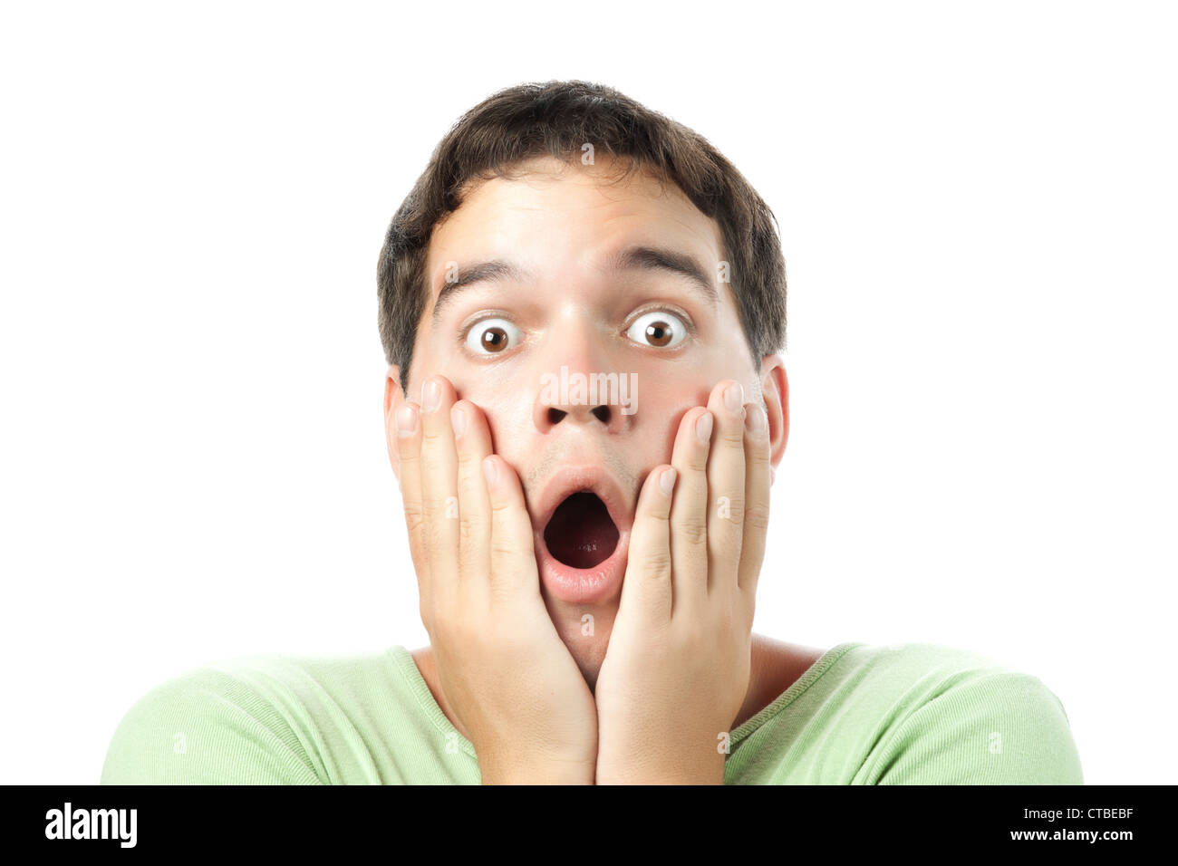 young amazed man portrait isolated on white background Stock Photo - Alamy