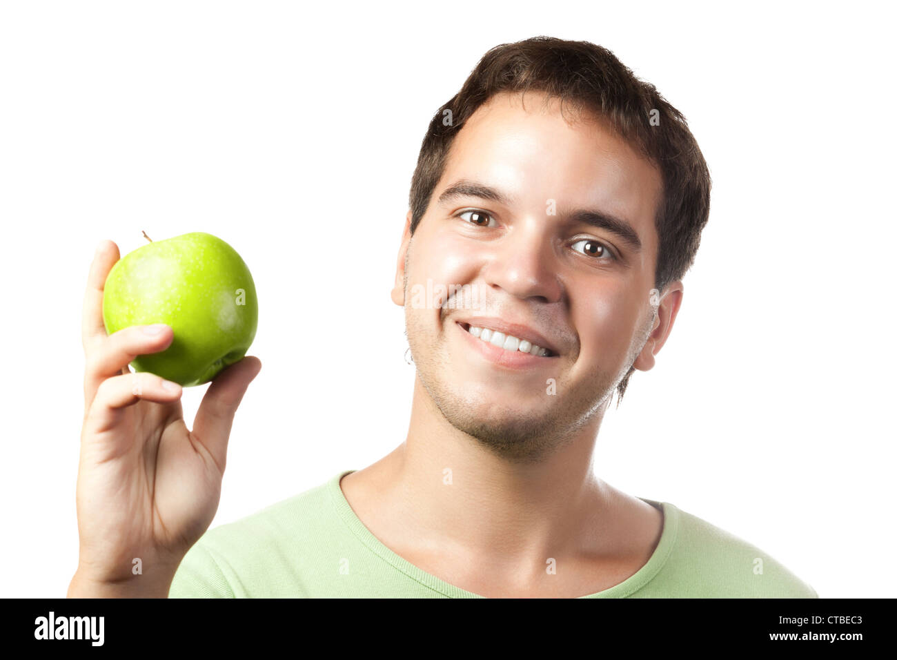 young smiling man holding green apple isolated on white background ...