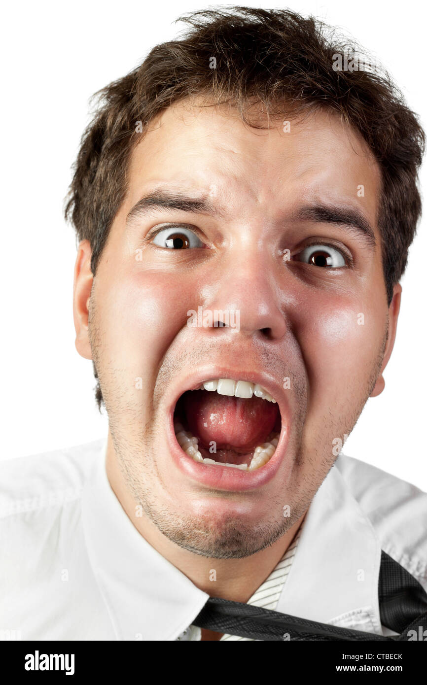 young office worker mad by stress screaming isolated on white Stock ...