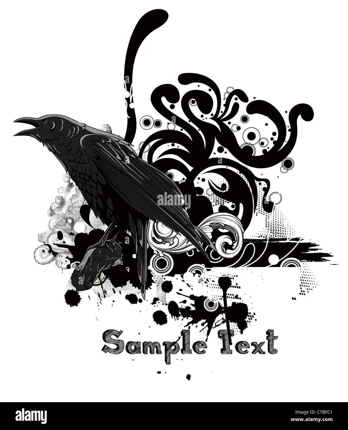 vector grunge floral background with raven Stock Photo - Alamy