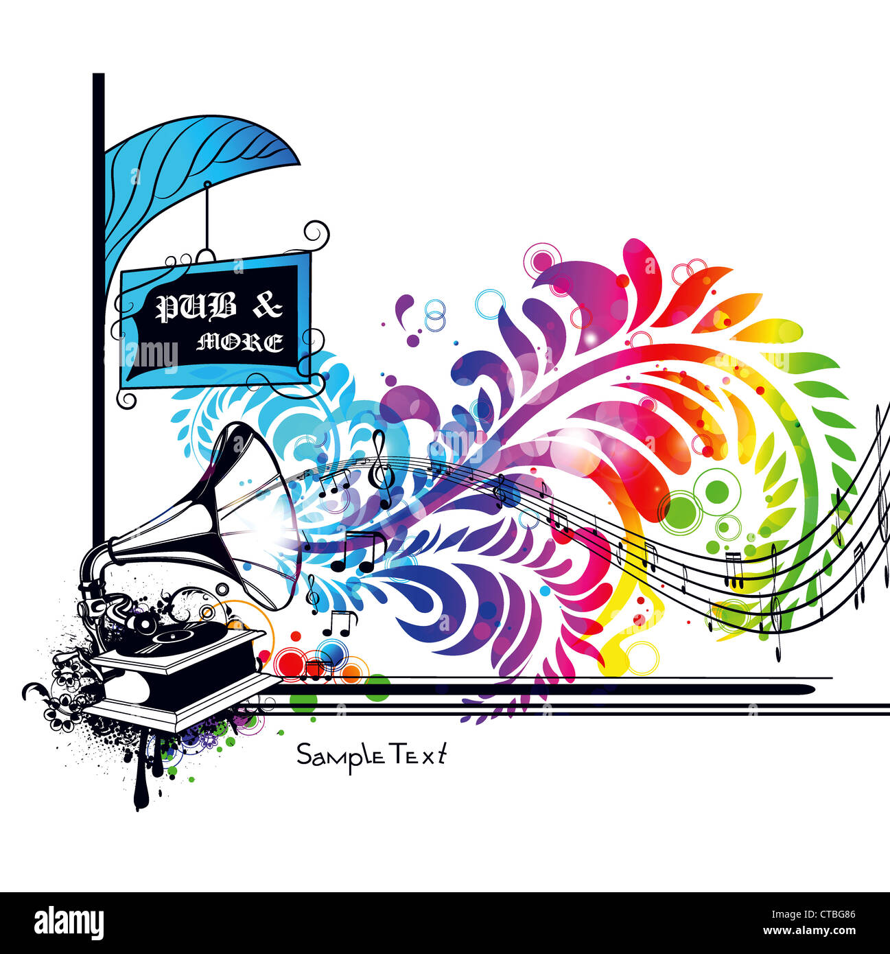 vector colorful music illustration with gramophone Stock Photo - Alamy