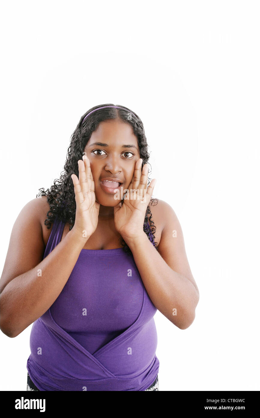 excited scared, terrified black woman, young african girl surprised ...